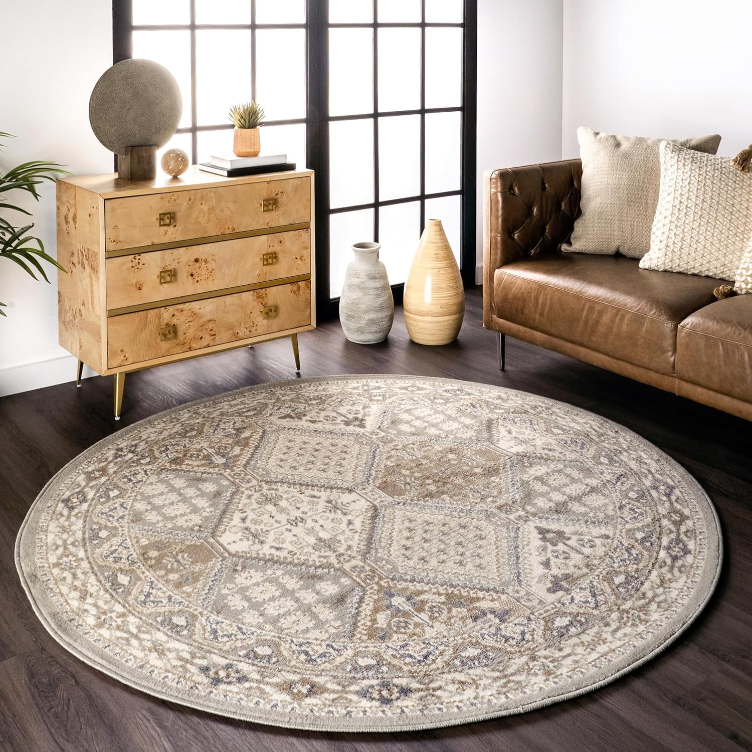 4 Round Becca Traditional Tiled Area Rug, Taupe, Faded Transitional ...