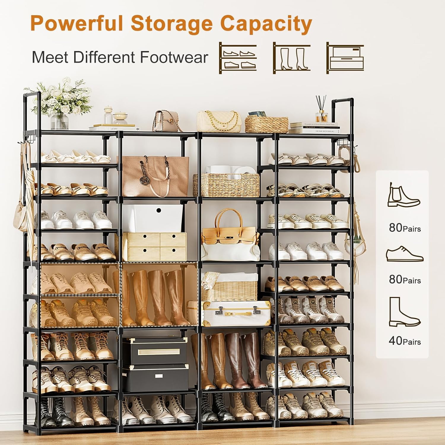 4 Row 10 Tiers Extra Large Shoe Rack 72-80 Pairs Big Tall Metal Shoe ...