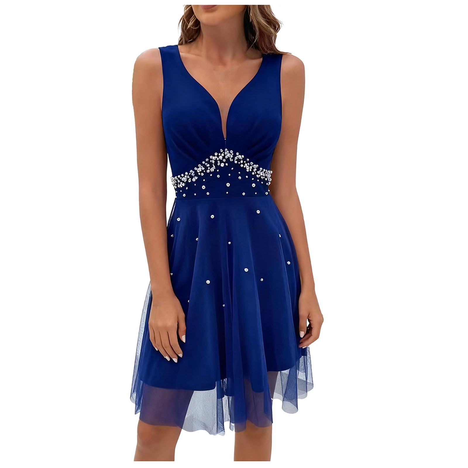 4-SELONE Short Dresses for Women V Neck Sleeveless Mini Gown Mesh Pearl ...
