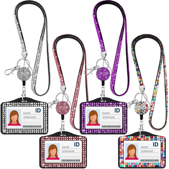 4 SETS Rhinestone Lanyard Bling ID Card Holder Crystal Retractable ...