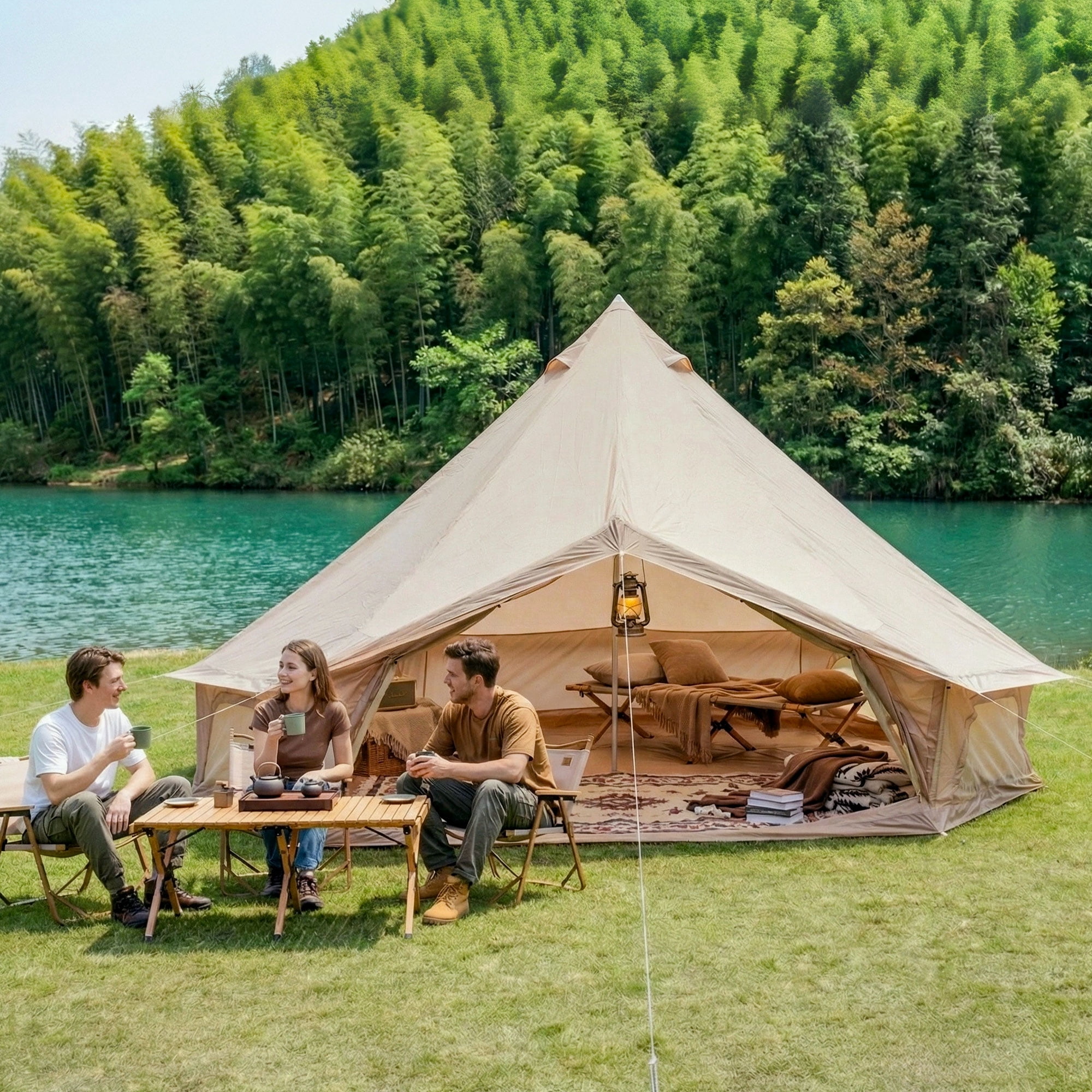 4 Season Bell Tent 13.1Ft, Beige Waterproof Glamping Yurt Tent with ...
