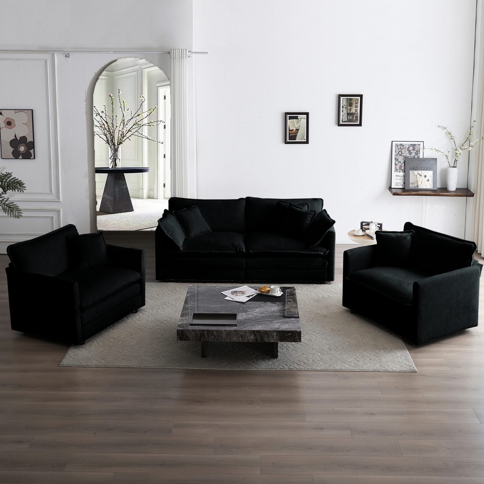 4 Seat Black Sofa Set in Chenille / Cushioned Backrest and Seat ...