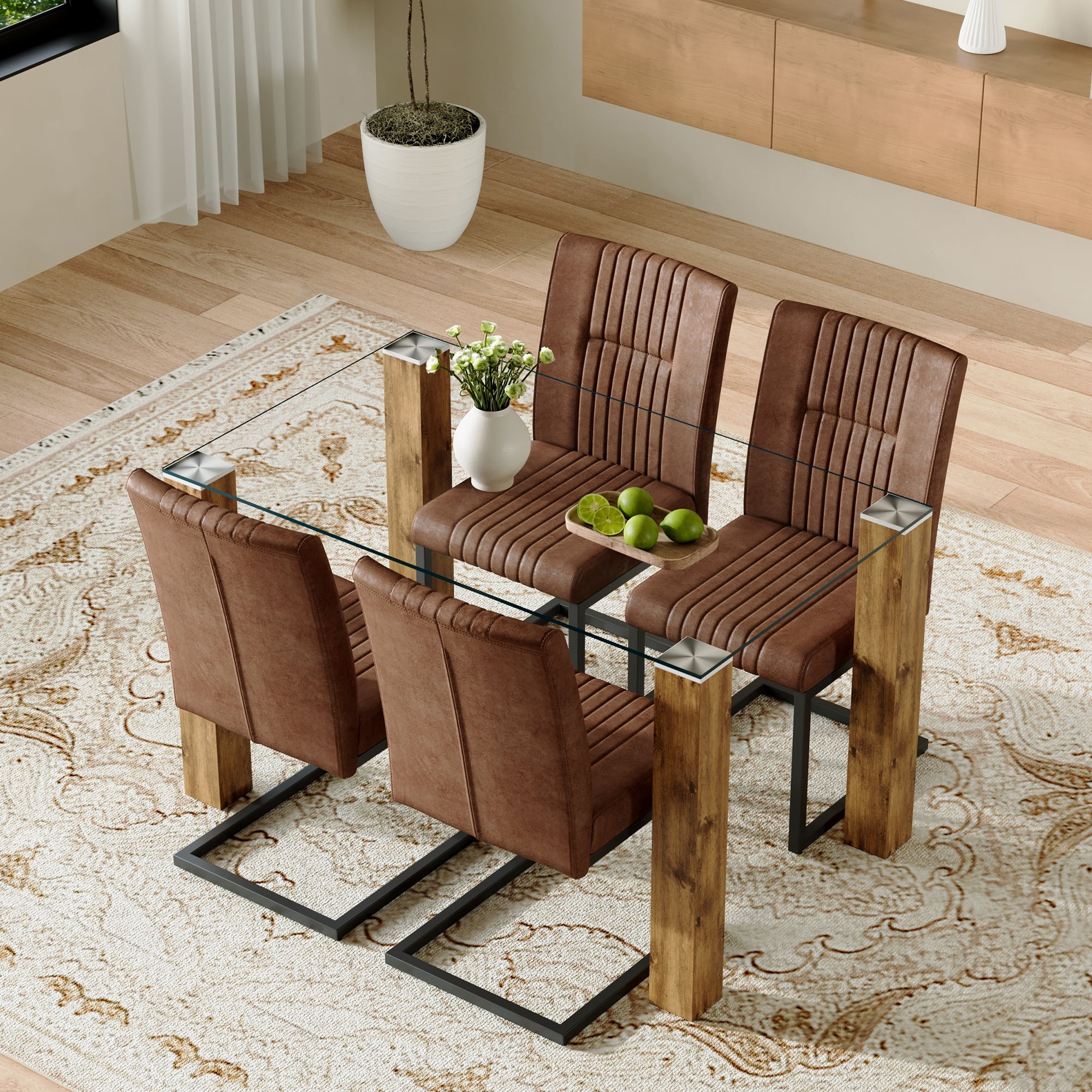 4-Seat Dining Table Set: 49.6" Tempered Glass Table w/ Wood Legs & 4 ...