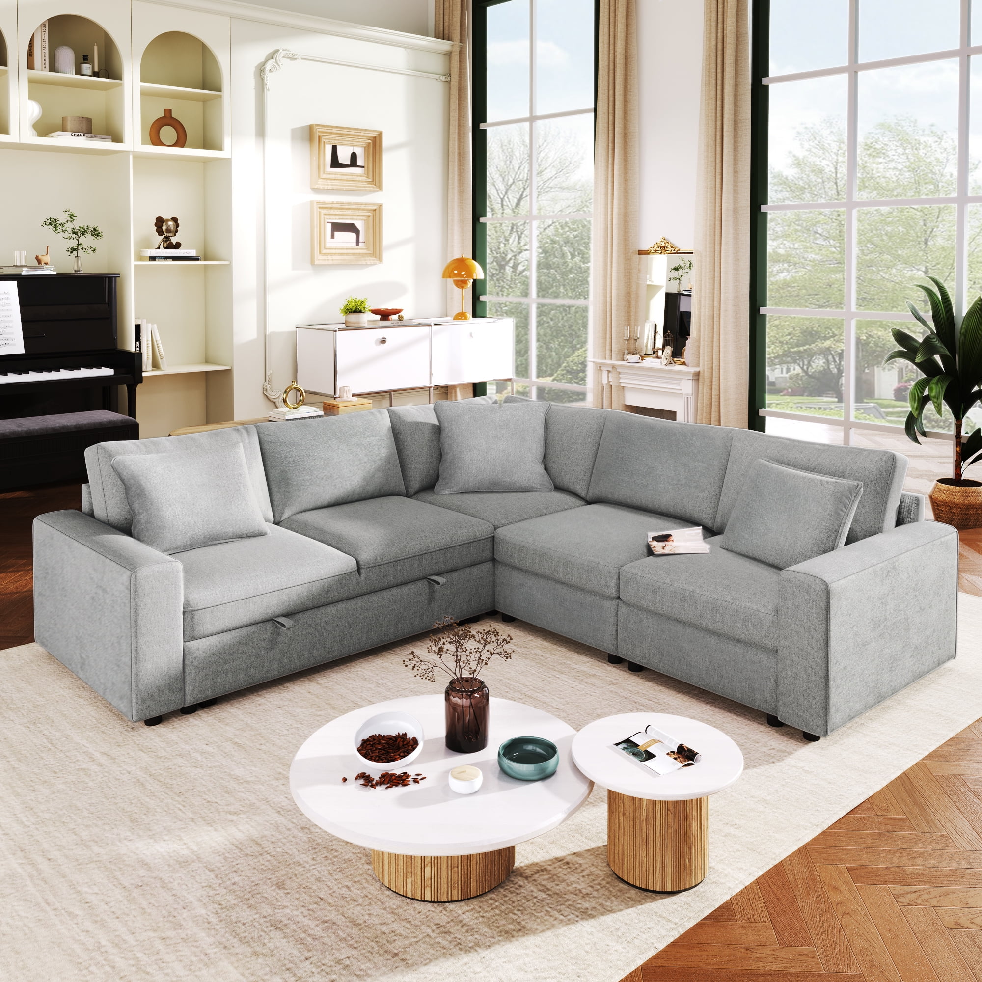 4-Seat L-shaped Modular Sofa with Thick Backrest and Seat Cushions ...