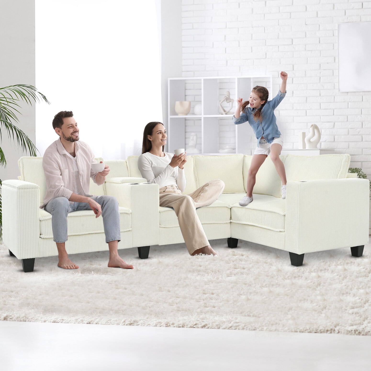 4 Seat Modern Sectional Sofa with USB Charging Port & Cupholders ...