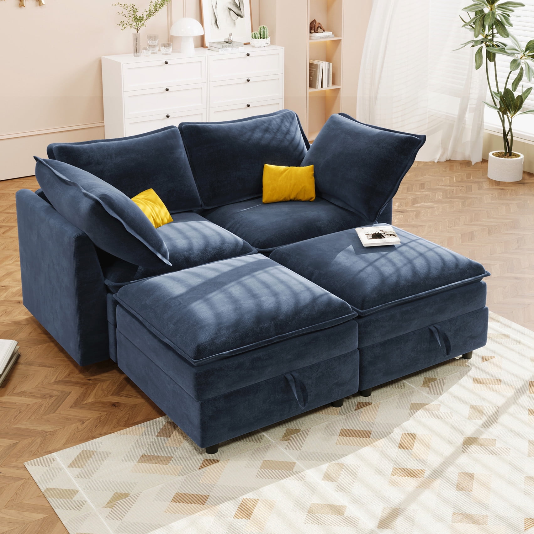 4-Seat Modular Sofa, Under-Seat Storage & Double-Layer Cushions ...