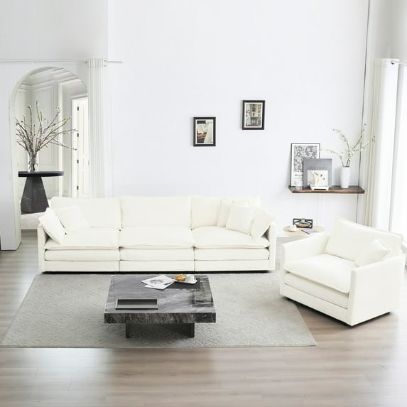 4-Seat White Sofa Set in Breathable Chenille for Comfortable Living ...