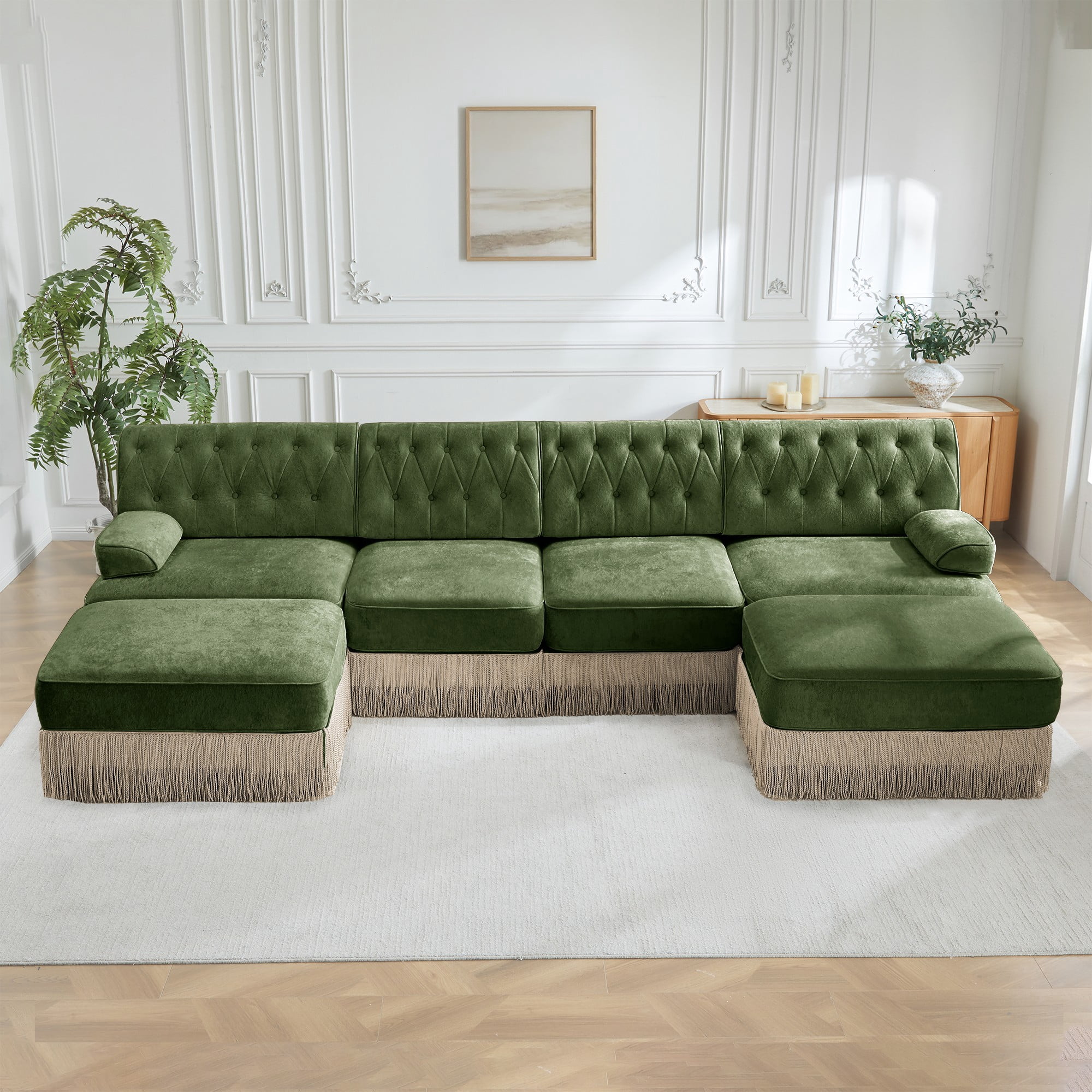 4-Seater with 2 Ottomans Cloud Modular Sectional, Tassel Skirt, Button ...