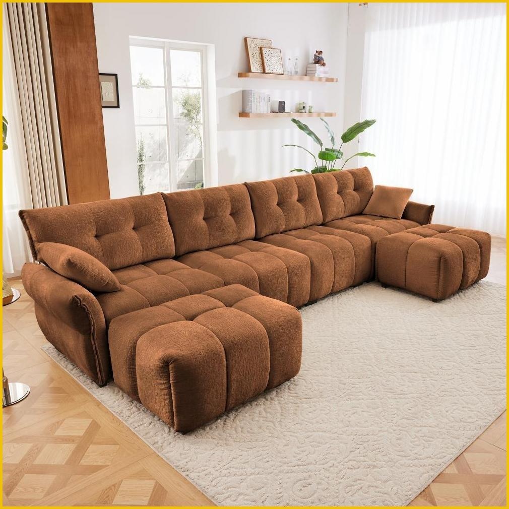 4-Seater Burnt Orange Chenille Sofa with 2 Ottomans | Solid Wood Frame ...
