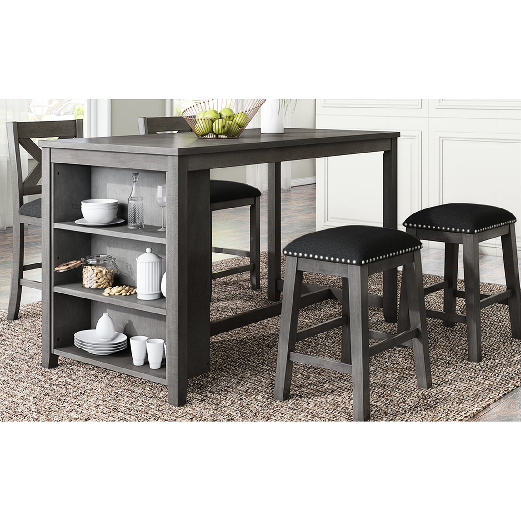 4-Seater Counter Height Dining Table Set, Gray, 2 Stools 2 Chairs ...