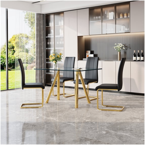 4-Seater Glass Top Dining Table Set, Black PU Chairs with Gold Metal ...