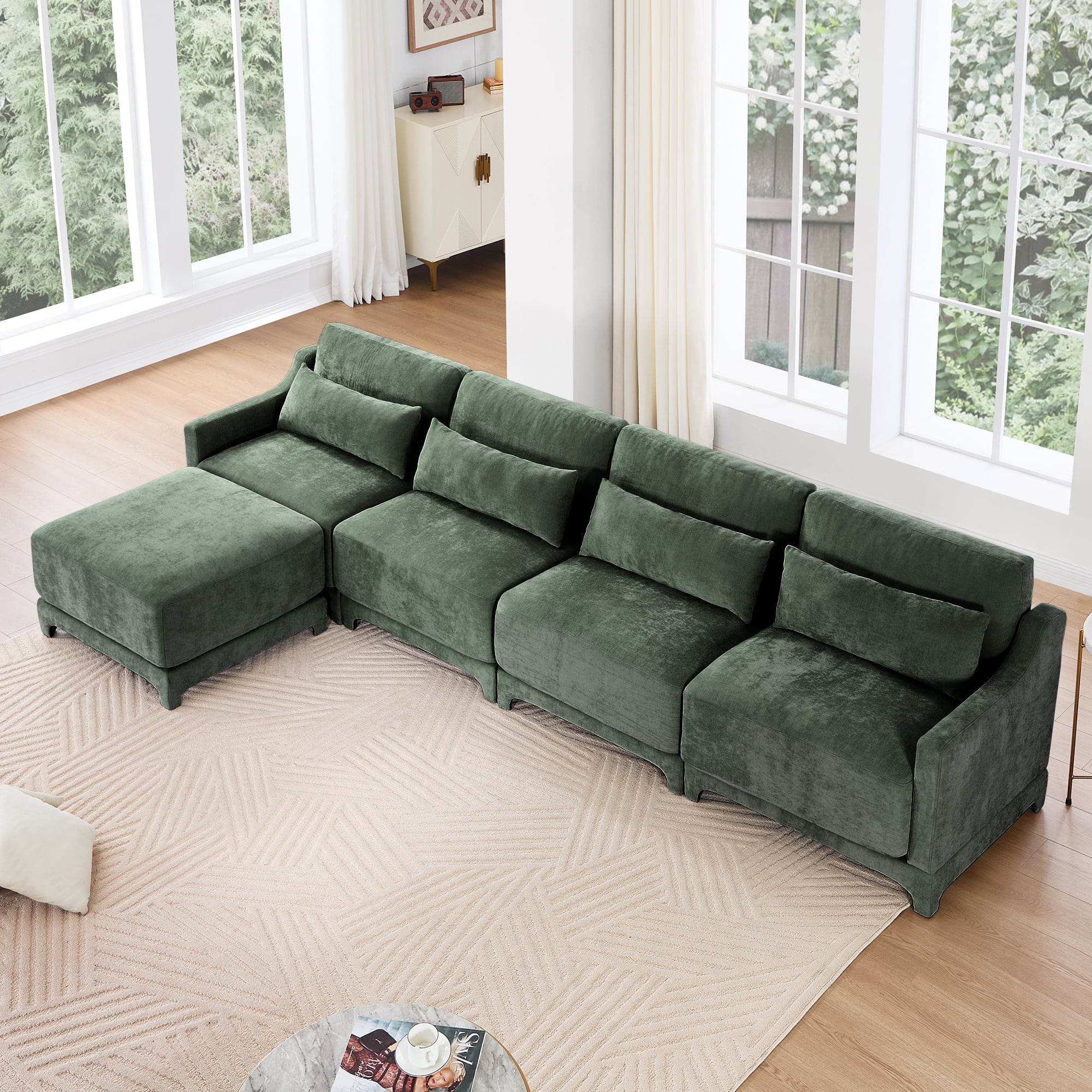 4-Seater L-Shaped Chenille Sectional Sofa, Modular Sofa with Ottoman ...