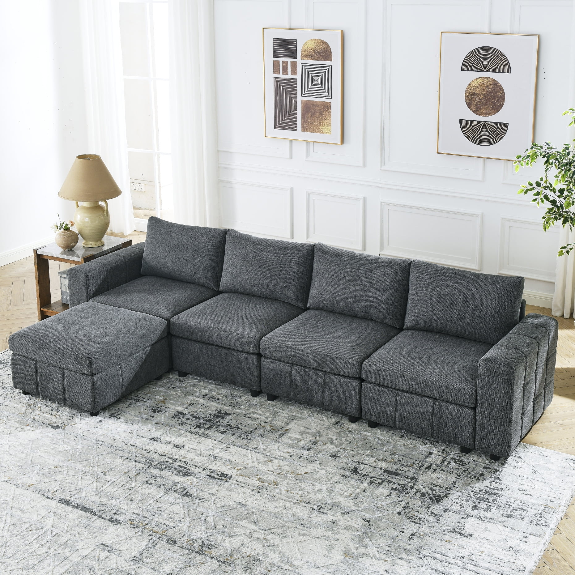4-Seater Sectional Sofa with Ottoman, Upholstered Modular Sofa with ...