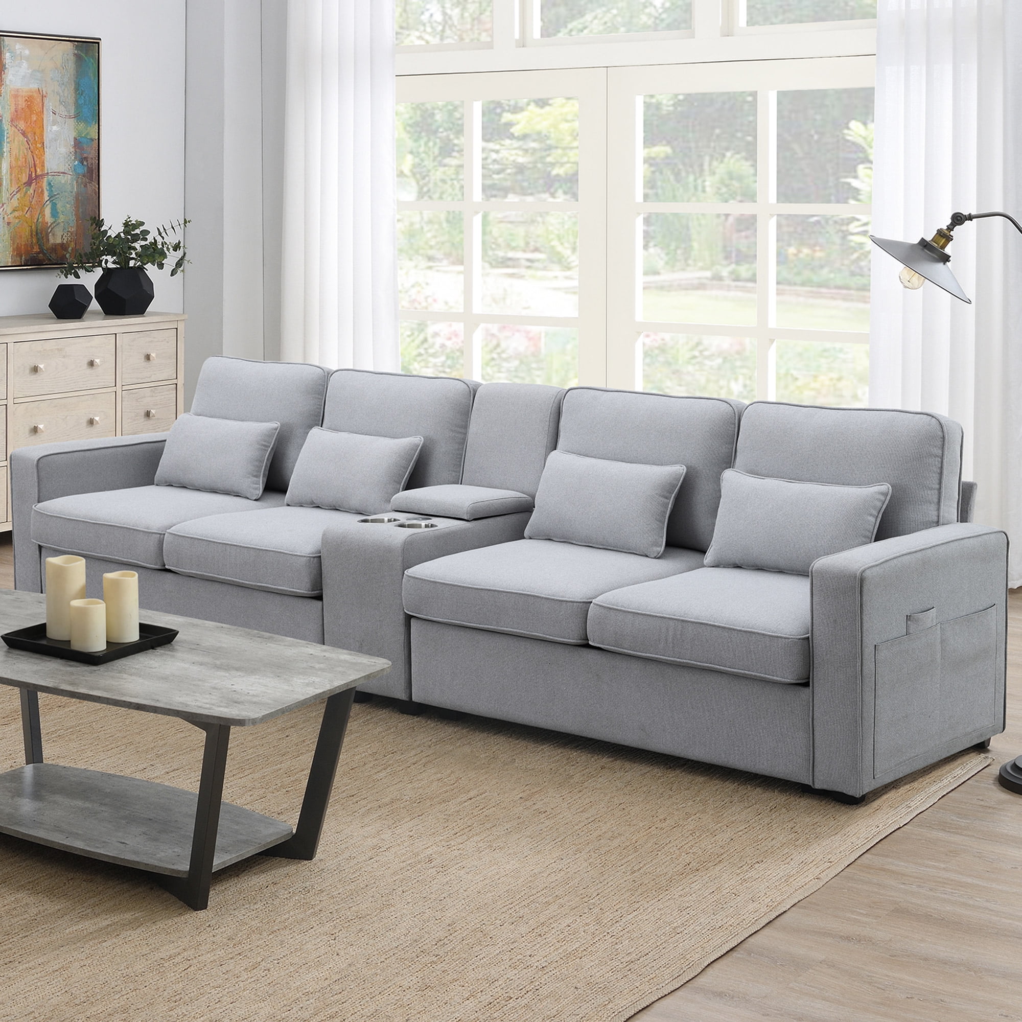 Walmart 4-Seater Modern Linen Sofa with Storage, Cupholders & USB Ports ...