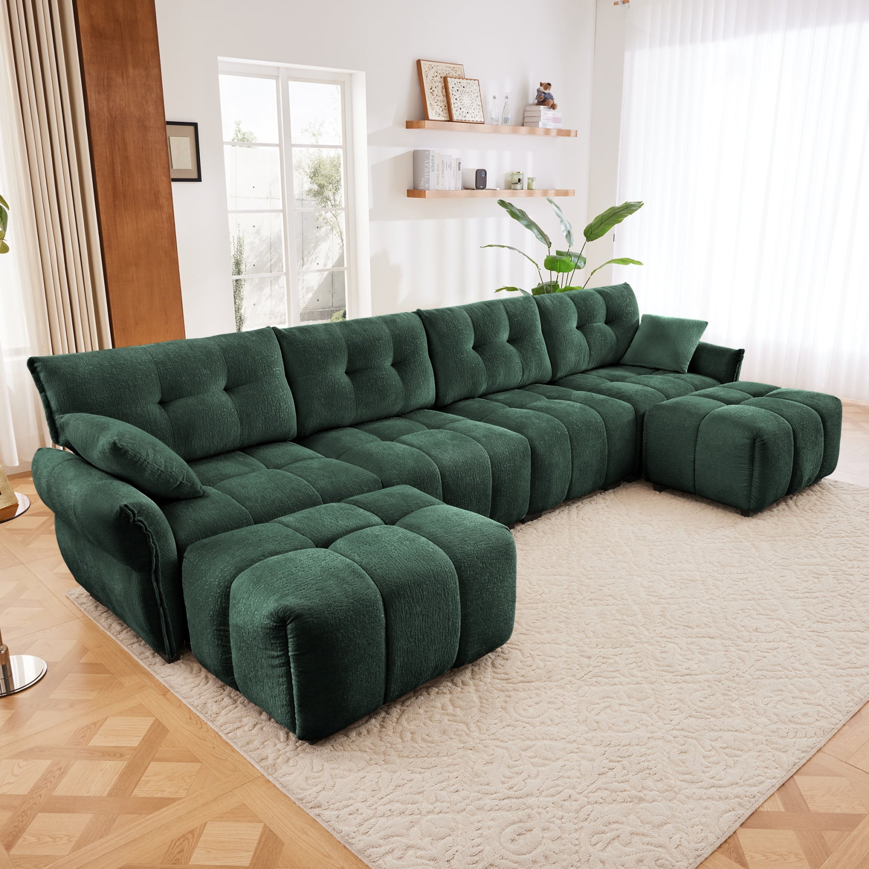 4-Seater Sofa Set with 2 Ottomans, Solid Wood Frame & Premium Chenille ...