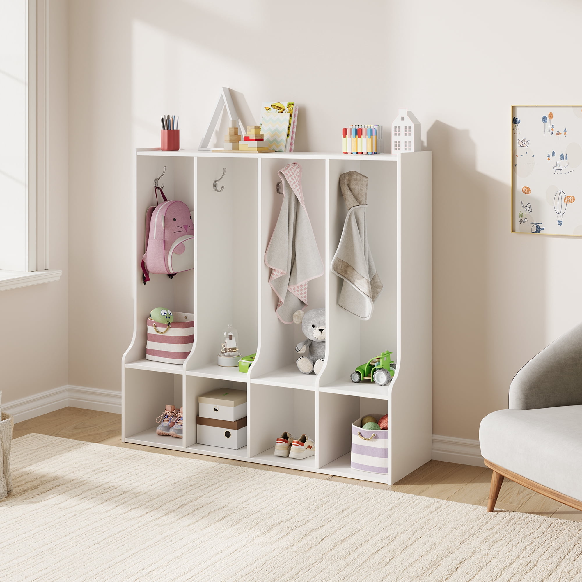 4-Section Classroom Coat Locker with 4 Cubbies, Daycare Cubby Storage ...