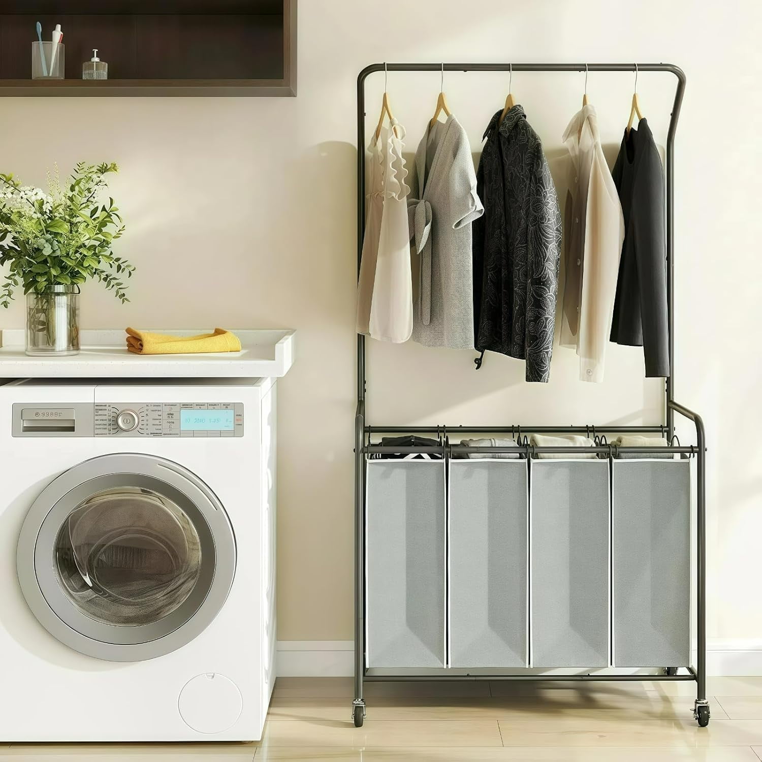4-Section Rolling Laundry Hamper Sorter with Hanging Clothes Rack ...