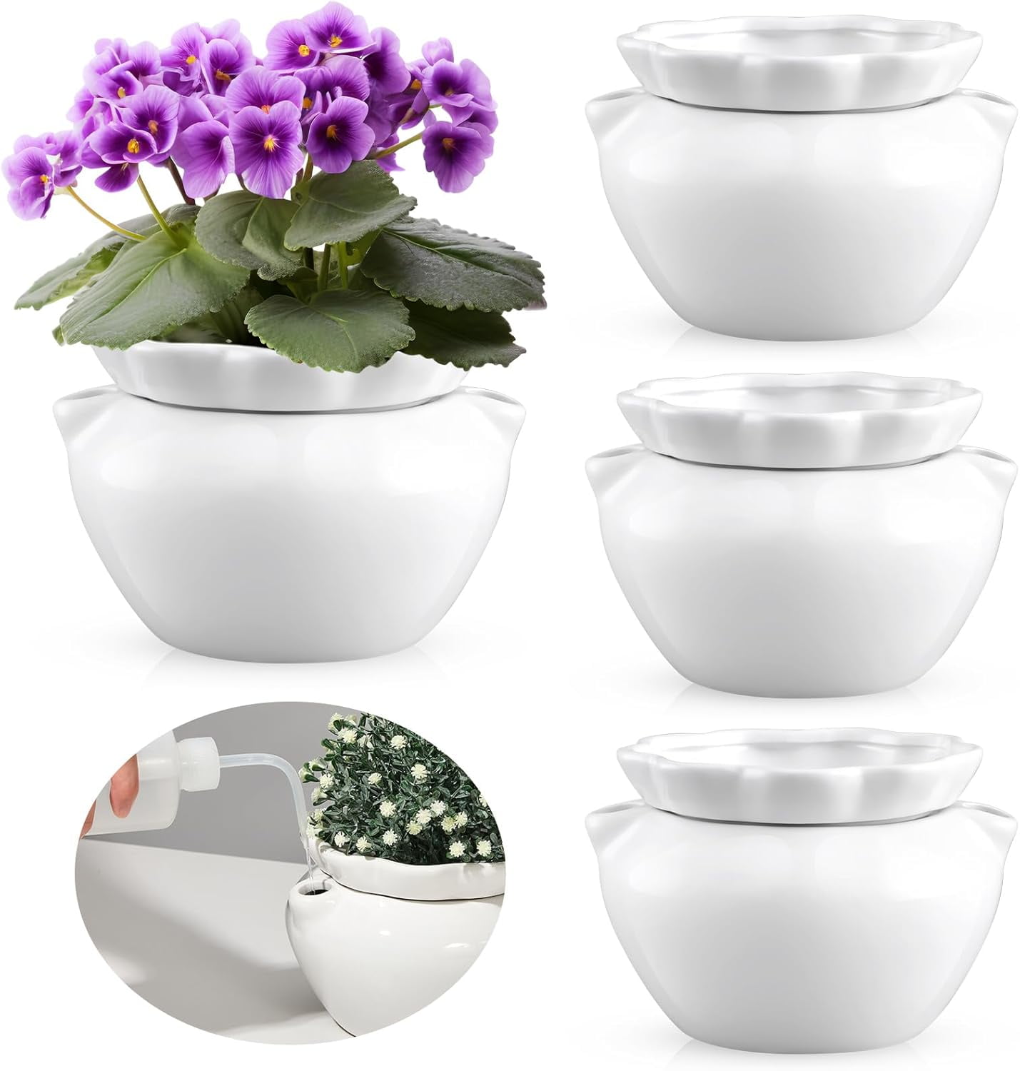 4 Set 6 Inch African Violet Pots Self Watering White Ceramic Planter ...
