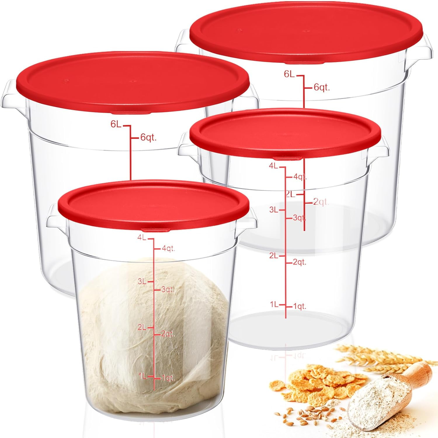 4 Set 6 Quart 4 Qt Round Food Storage Containers with Lids Clear ...