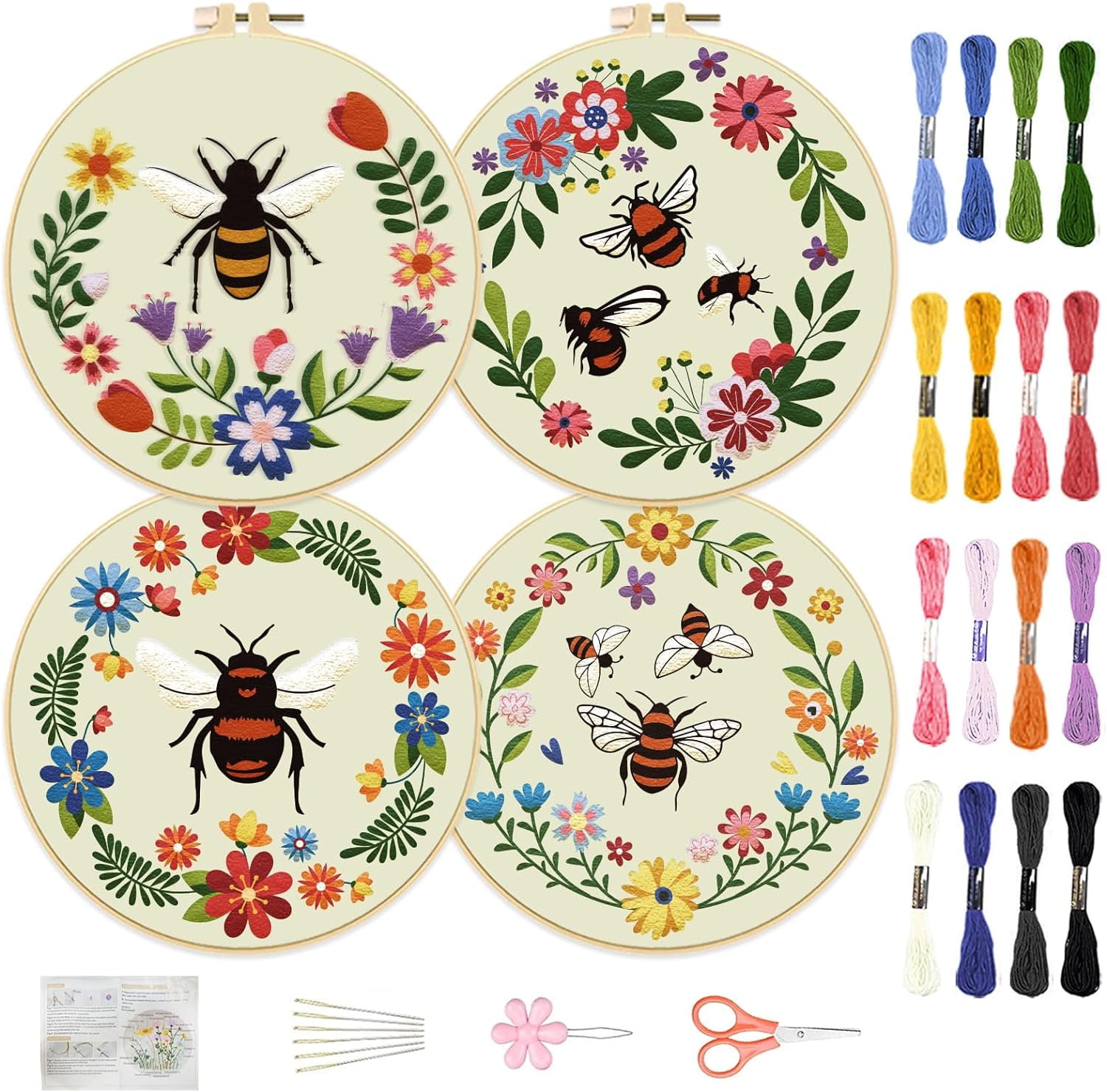 4 Set 8'' Beginners Embroidery Kit Plants and Bees Patterns Embroidery ...