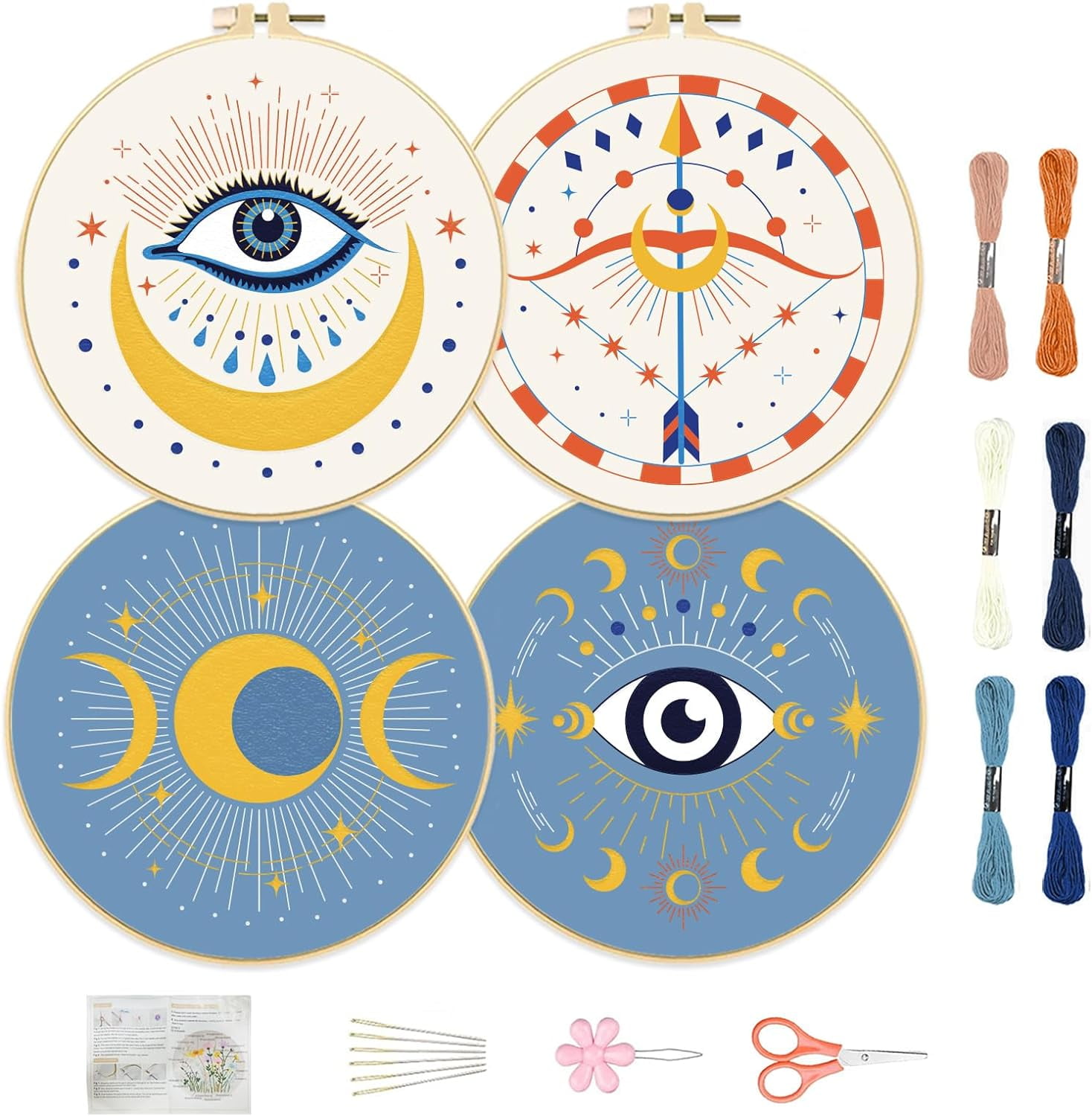 4 Set 8'' Eyes and Moon Embroidery Kits for Beginners Full Range of Embroidery Kits to Learn DIY ...