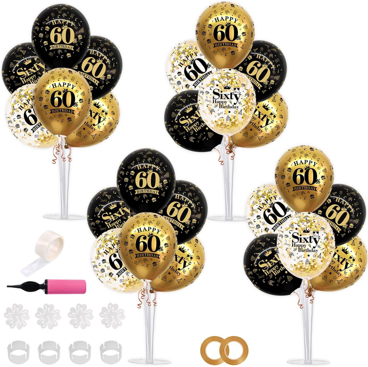 4 Set Black Gold Balloon Stand Kit for Birthday Decorations for 60th ...