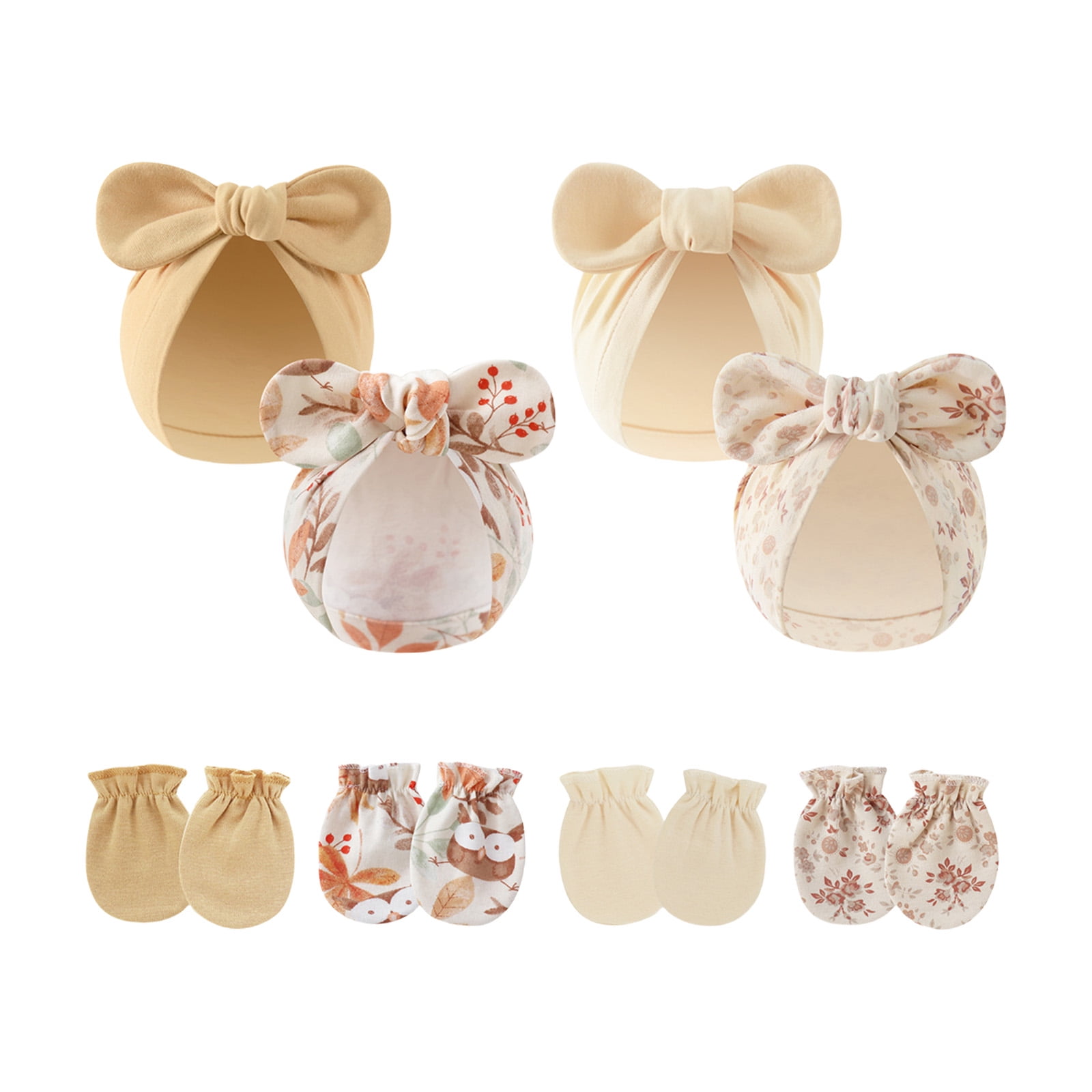 4 Set Cotton Infant Bowknot Hat with Matching Mittens Anti Scratch ...