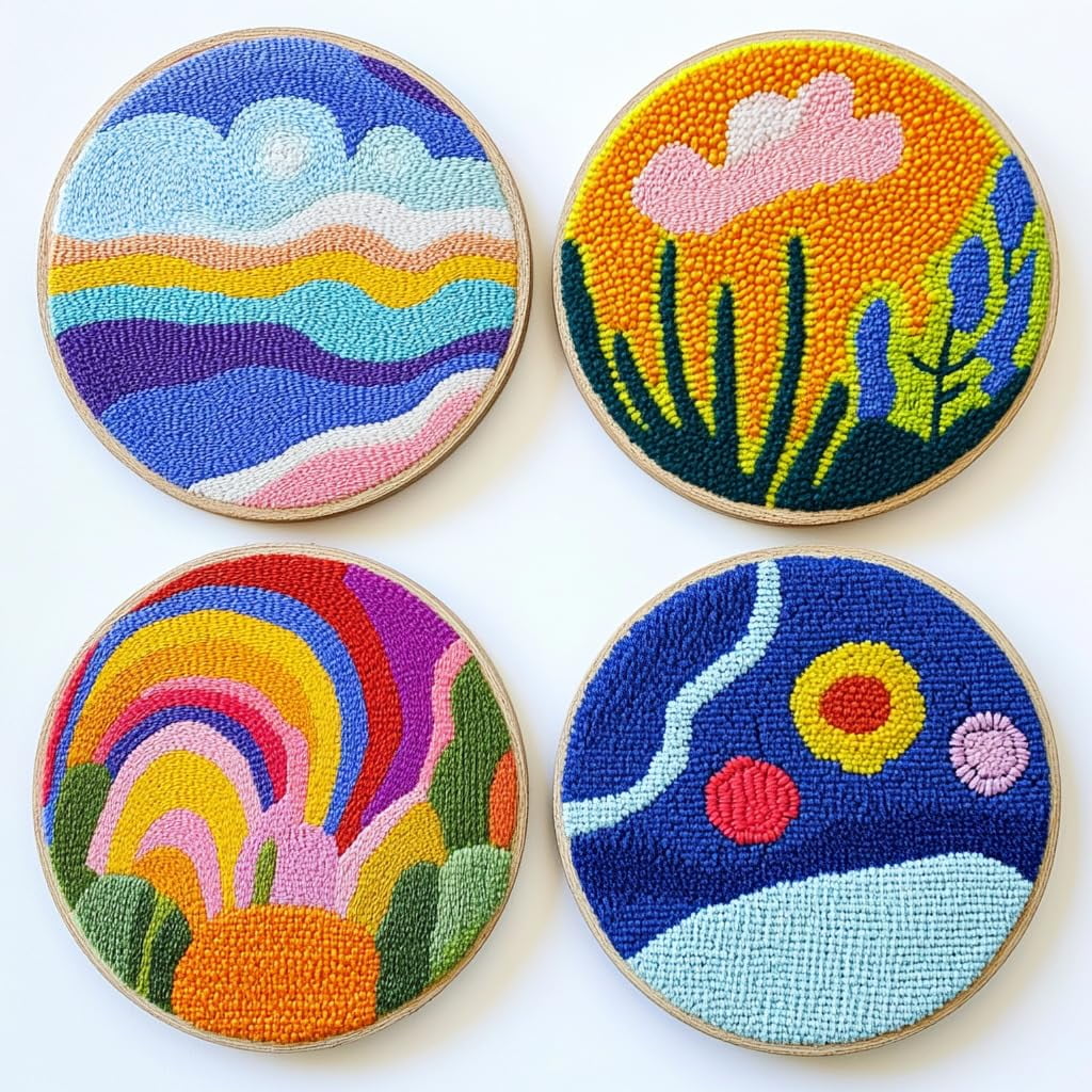 4 Set DIY Punch Needle Coaster Kits Abstract Sea Wave Sunset Flower ...