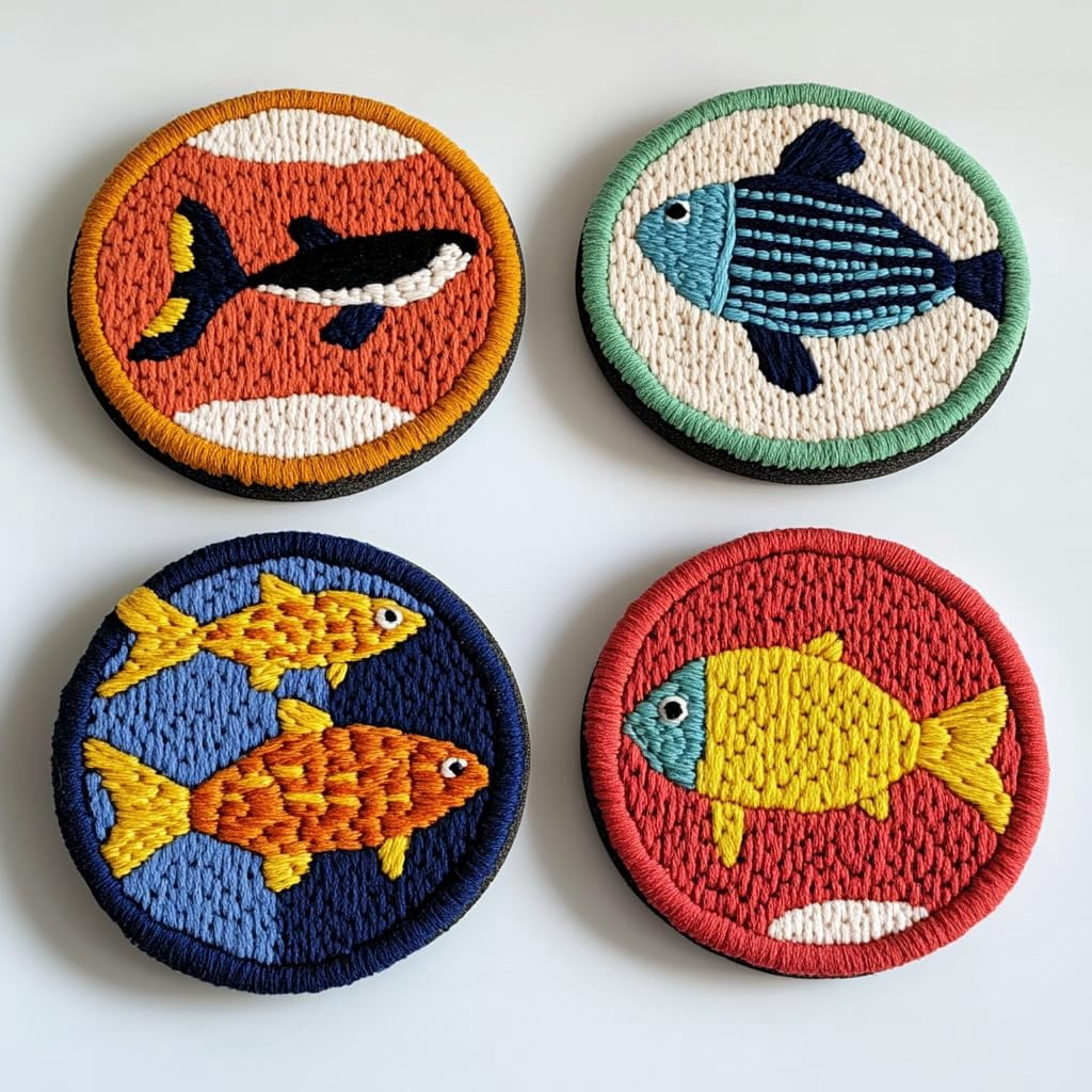 4 Set DIY Punch Needle Coaster Kits Cartoon Bass Fish Easy for ...