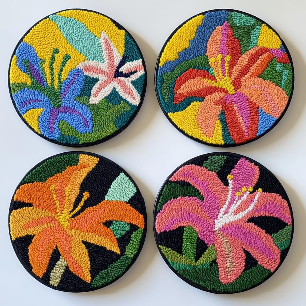 4 Set DIY Punch Needle Coaster Kits Colorful Lily Flower Easy for Beginners with Adhesive Felt ...