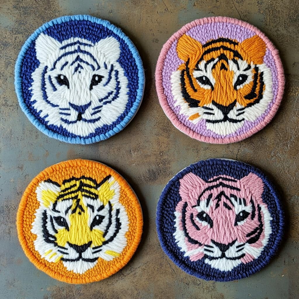 4 Set DIY Punch Needle Coaster Kits Cute Baby White Tiger Easy for ...