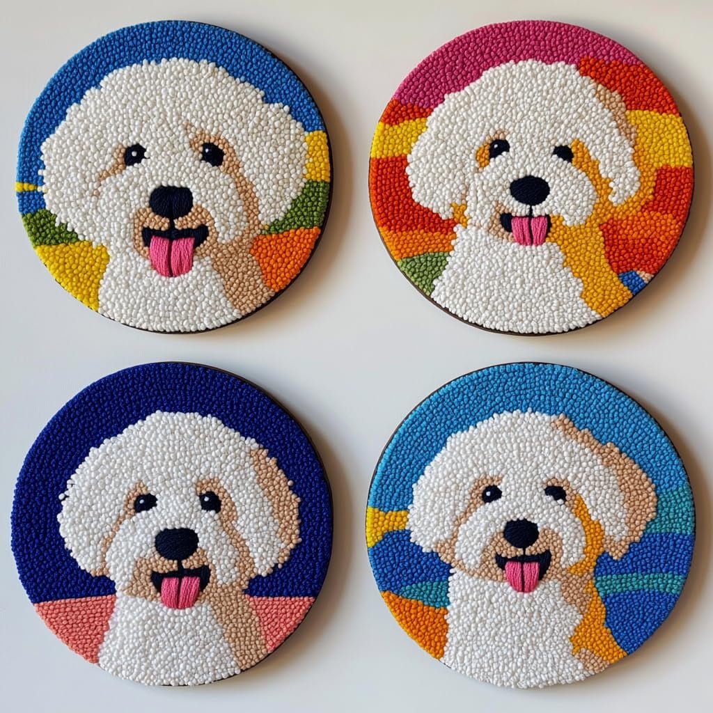 4 Set DIY Punch Needle Coaster Kits Cute Bichon Shoe Easy for Beginners ...