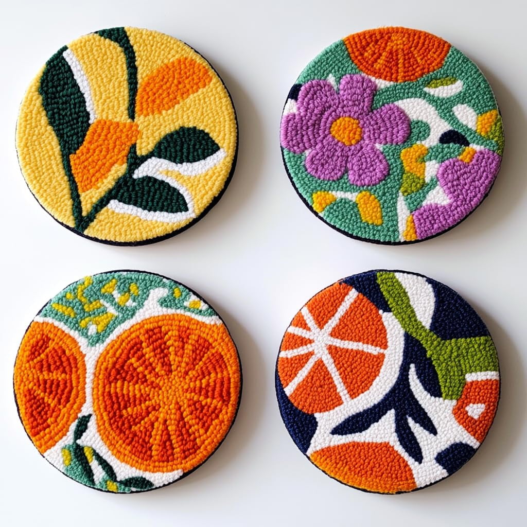 4 Set DIY Punch Needle Coaster Kits Oranges and Plant Easy for ...