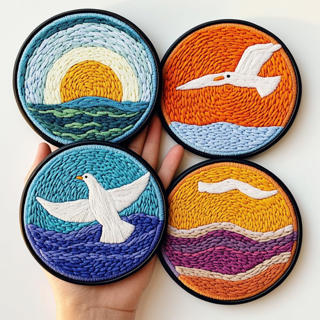 4 Set DIY Punch Needle Coaster Kits Sea Sunset and Seagull Easy for ...