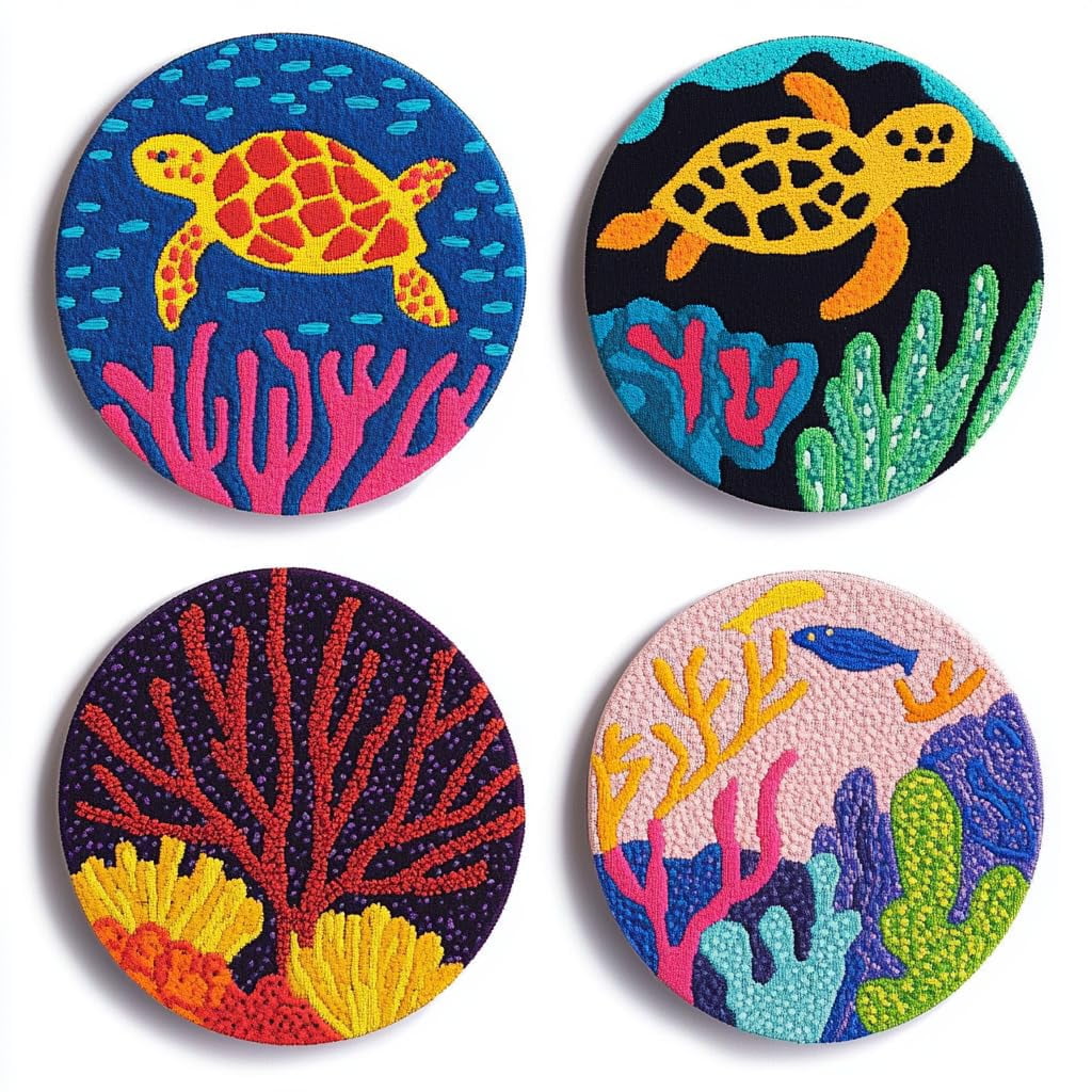 4 Set DIY Punch Needle Coaster Kits Sea Turtle and Corals Easy for ...