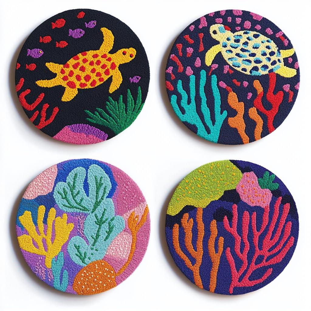 4 Set DIY Punch Needle Coaster Kits Sea Turtle and Corals Easy for ...