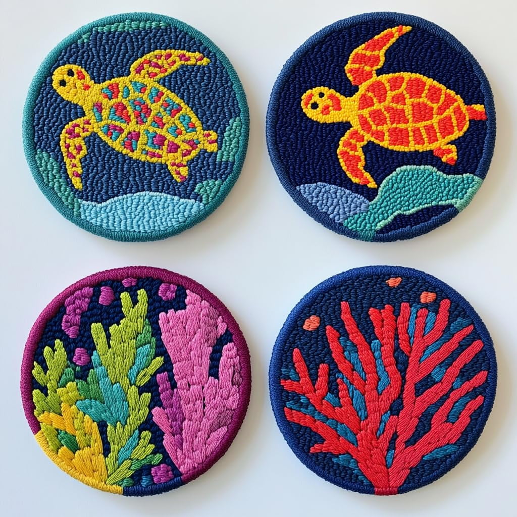4 Set DIY Punch Needle Coaster Kits Sea Turtle and Corals Easy for ...
