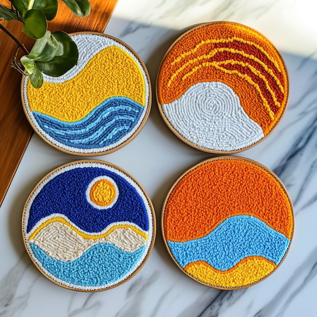 4 Set DIY Punch Needle Coaster Kits Sea Wave Beach Easy for Beginners ...