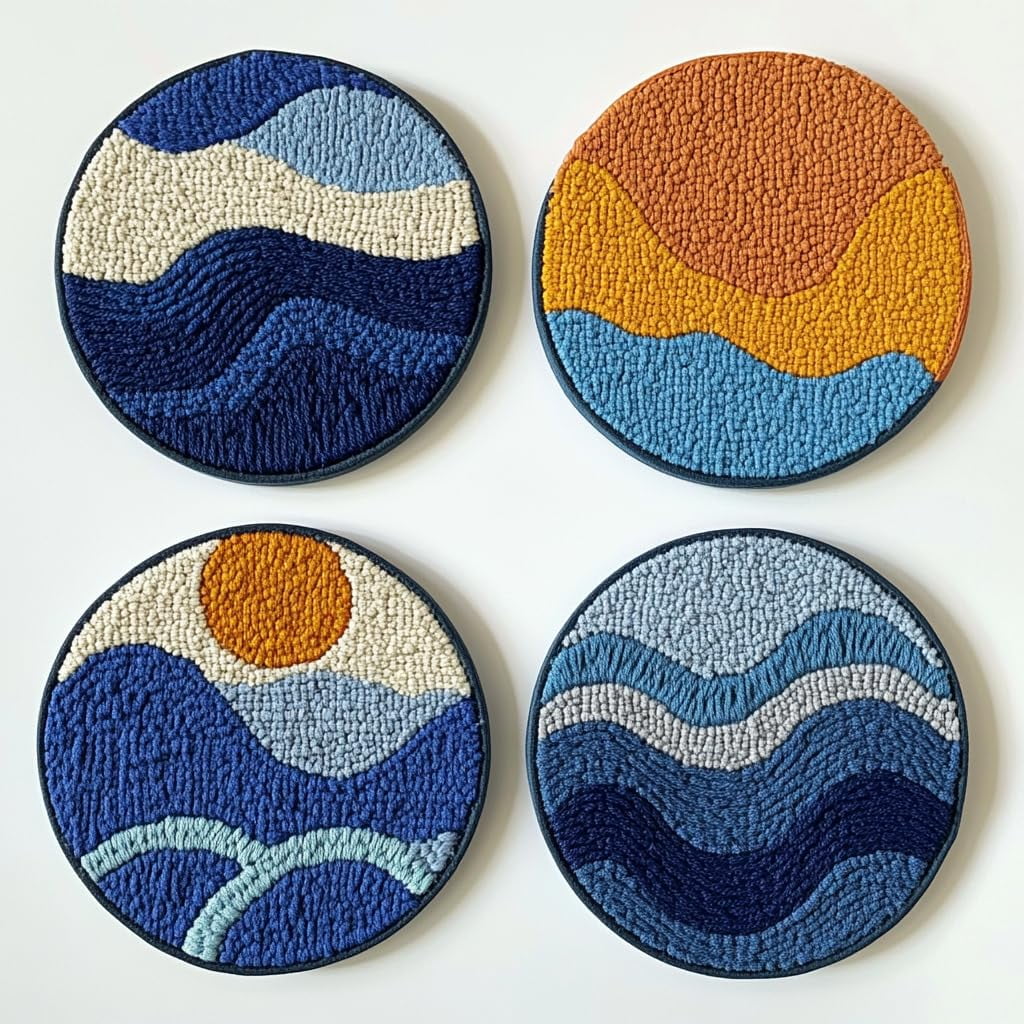 4 Set DIY Punch Needle Coaster Kits Sea Wave Beach Easy for Beginners ...