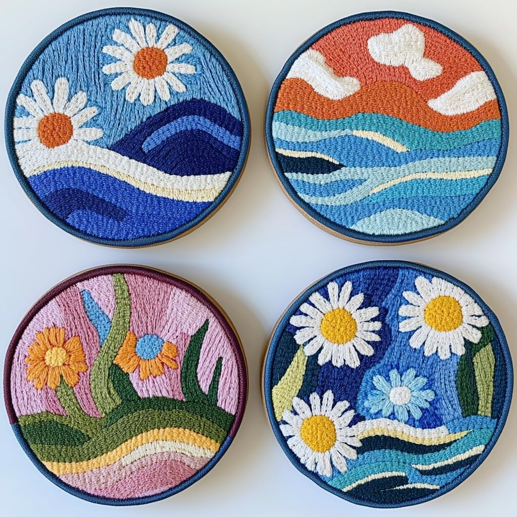 4 Set DIY Punch Needle Coaster Kits Seaside Sea Wave Daisy Flowers Easy ...