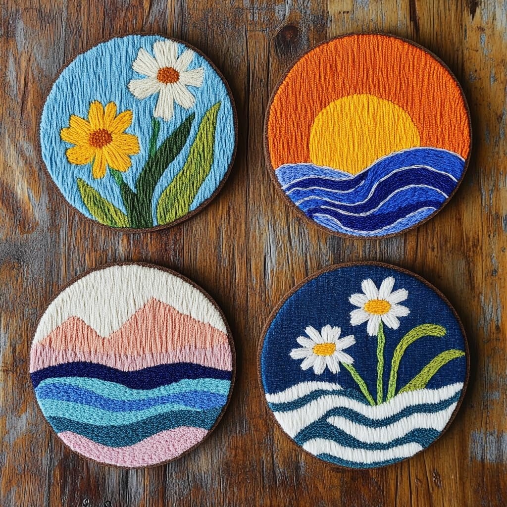 4 Set DIY Punch Needle Coaster Kits Seaside Sea Wave Daisy Flowers Easy ...