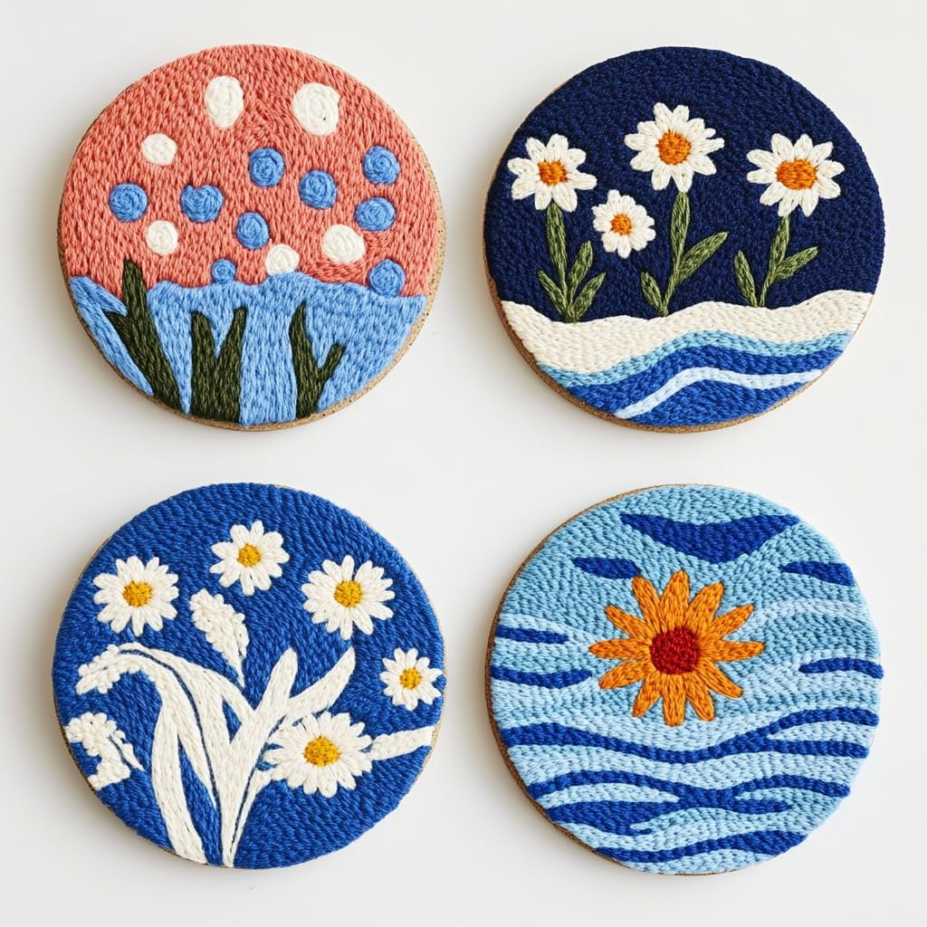 4 Set DIY Punch Needle Coaster Kits Seaside Sea Wave Daisy Flowers Easy ...