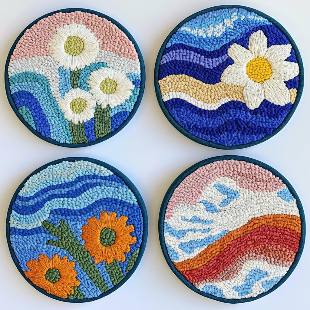 4 Set DIY Punch Needle Coaster Kits Seaside Sea Wave Daisy Flowers Easy ...