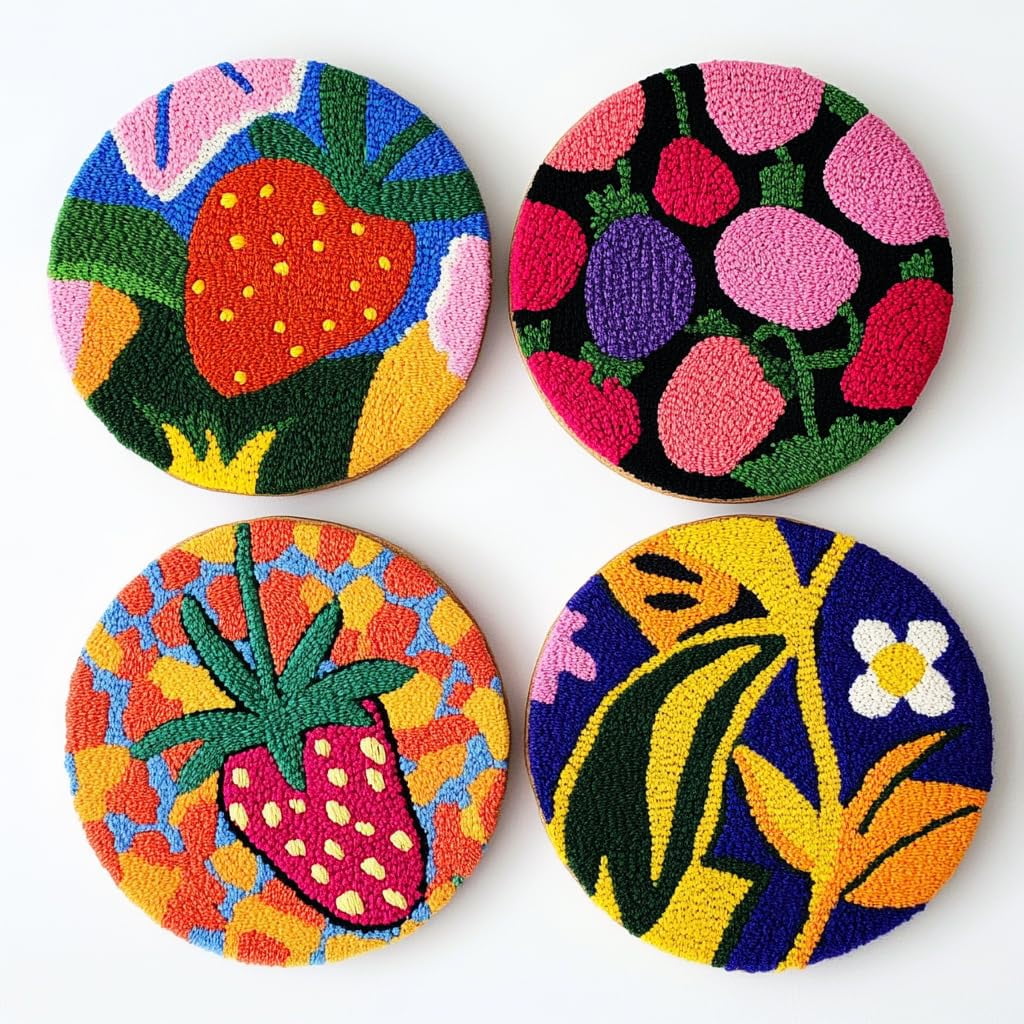 4 Set DIY Punch Needle Coaster Kits Strawberries and Flower Easy for ...