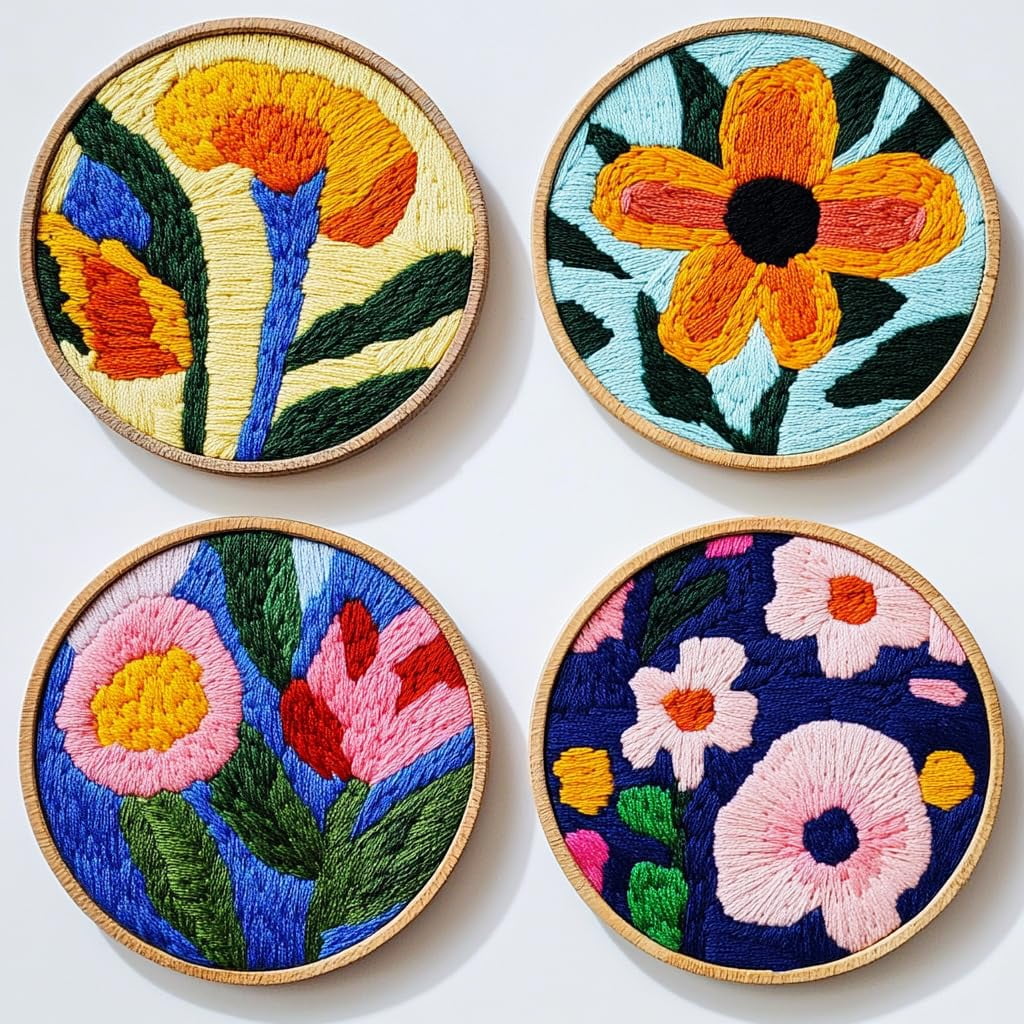 4 Set DIY Punch Needle Coaster Kits Yellow Rose Easy for Beginners with ...