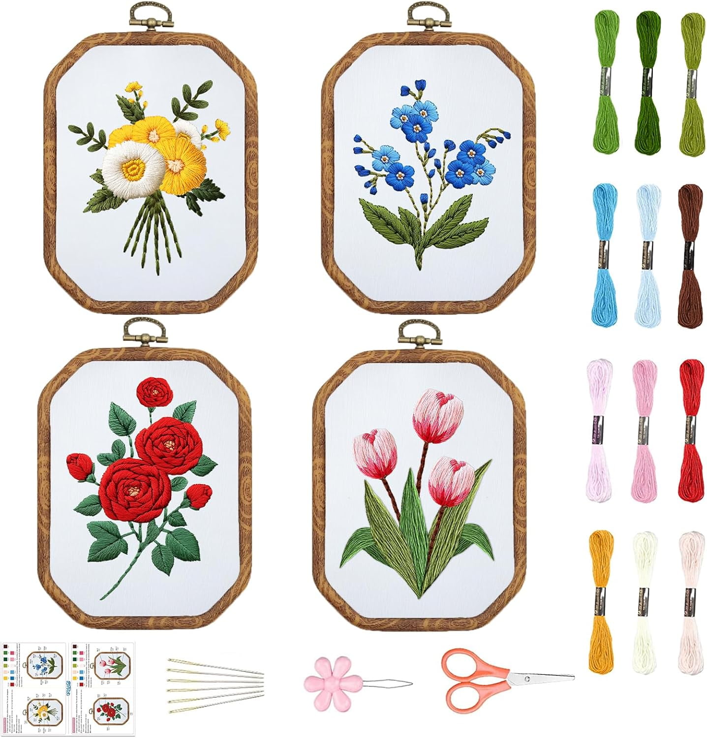 4 Set Embroidery Kit for Beginners Adults DIY Flowers Embroidery ...