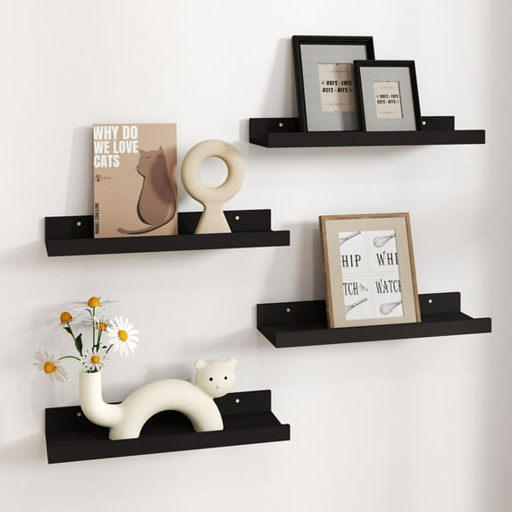 4 Set Floating Wall Mounted Shelves, Black Shelves for Wall Decor ...
