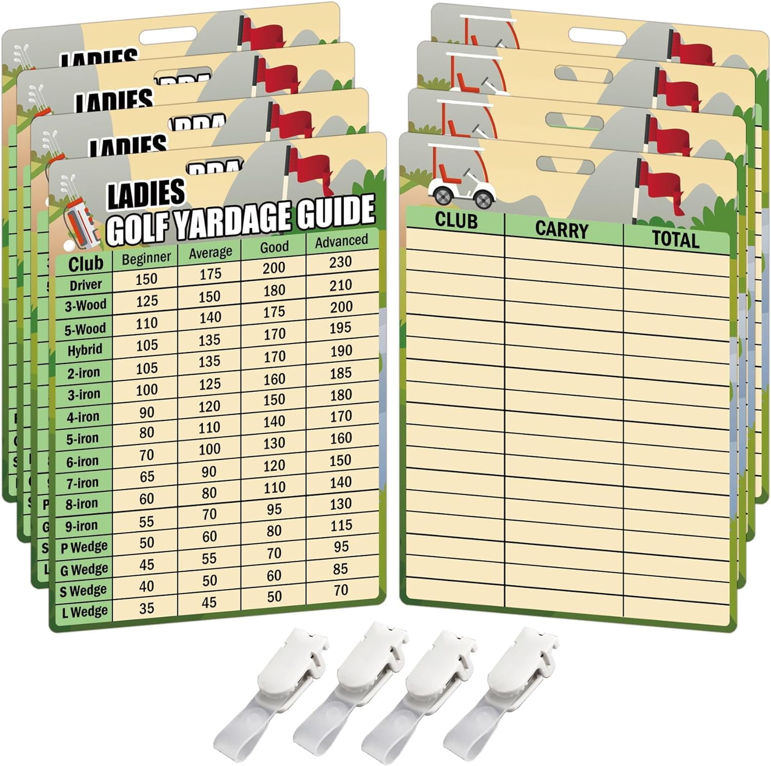 4 Set Golfers Quick Reference Distance Card With Card Holder Golf Club ...