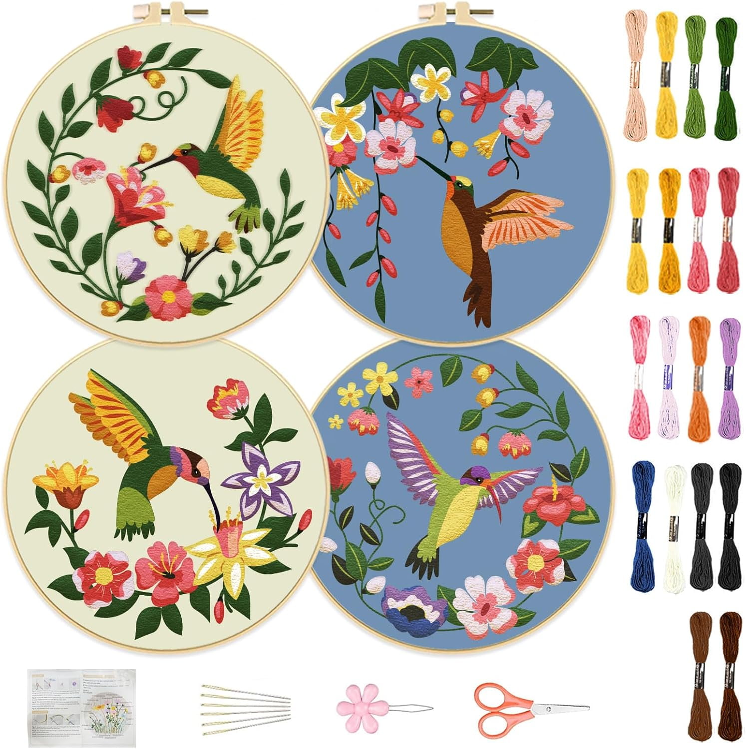 4 Set Hummingbird and Flowers Embroidery Starter Kit for Beginners ...