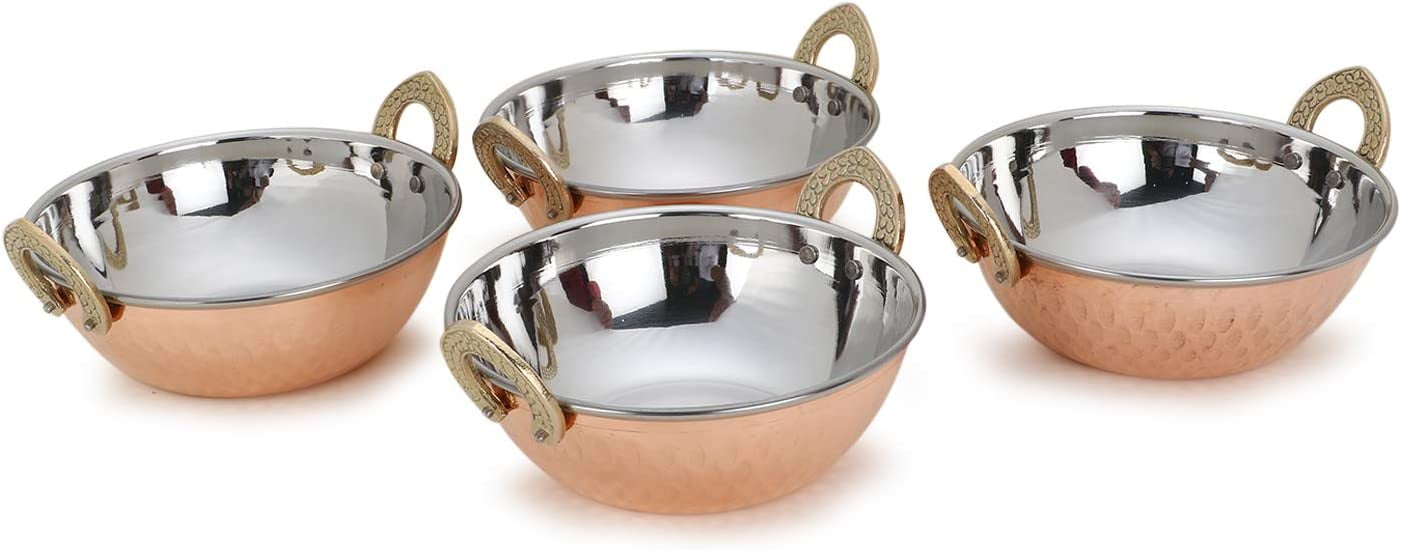 4 Set Indian Copper Serveware Karahi Vegetable Dinner Bowl with Solid ...